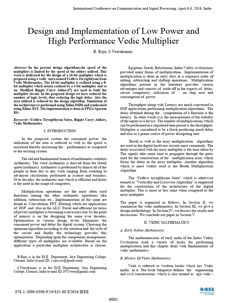 Design and Implementation of Low Power and High Performance Vedic ...