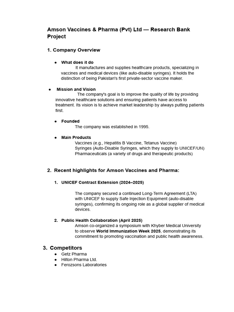 Amson Vaccines & Pharma (PVT) LTD - Research Bank Project | PDF