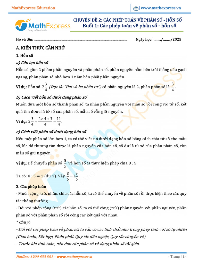 5B2 23082025 NDBH Các Phép Toán Về Phân Số - Hỗn Số | PDF