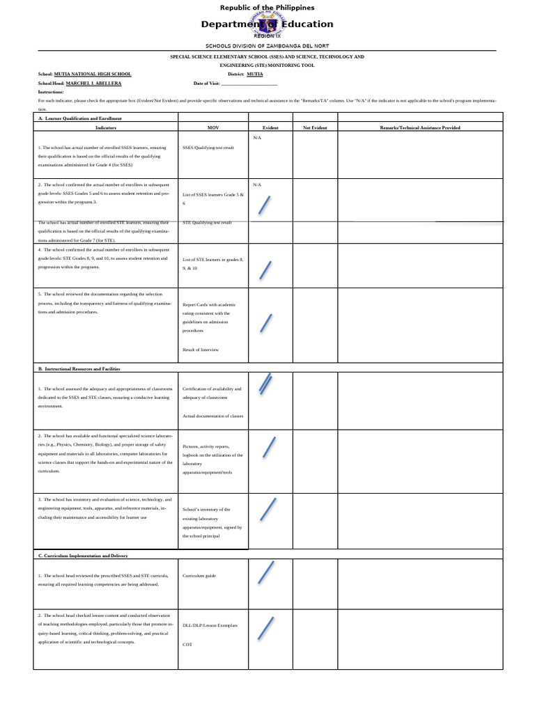 SSES and STE Monitoring Tool Guide | PDF | Curriculum | Laboratories