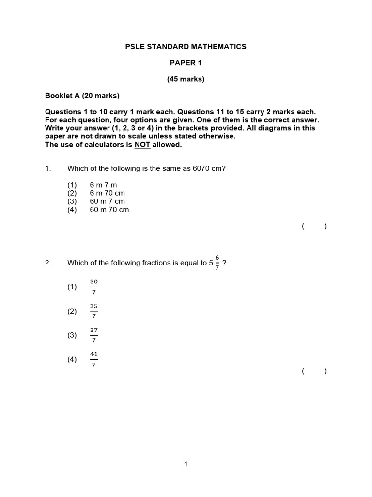 PSLE Standard Mathematics Paper 1 | PDF | Decimal | Area