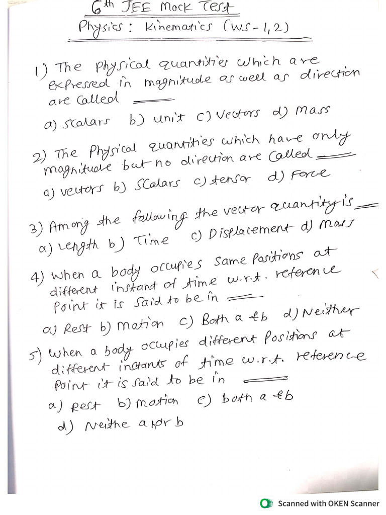 6th JEE Mains Mock Test Kinematics (WS-1, 2) | PDF
