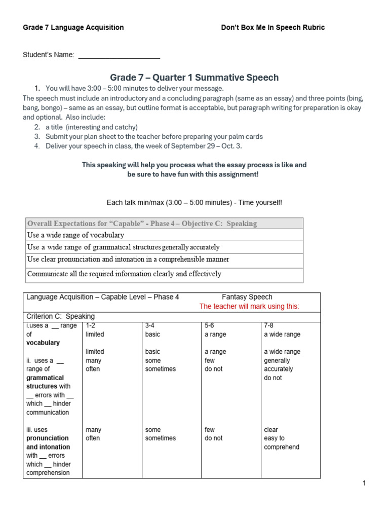 7B Rubric Box Speech 25-26 | PDF | Speech | Cognitive Science