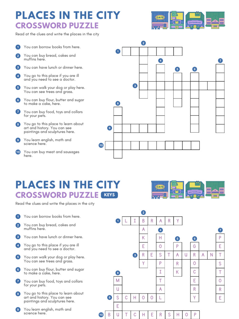 City Places Crossword Puzzle | PDF | Foods | Word Puzzles