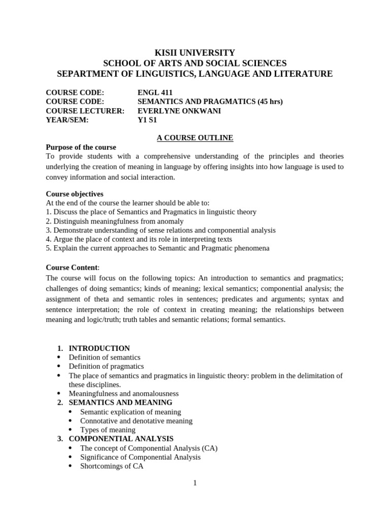 Semantics and Pragmatics Course Outline | PDF | Semantics | Linguistics