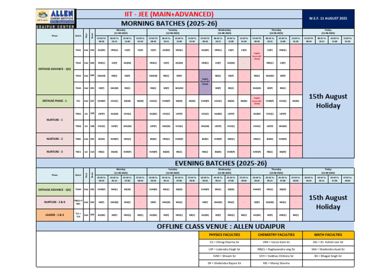 Iit Jee Batch Time Table 11 August - 16 August - 2025 26 | PDF
