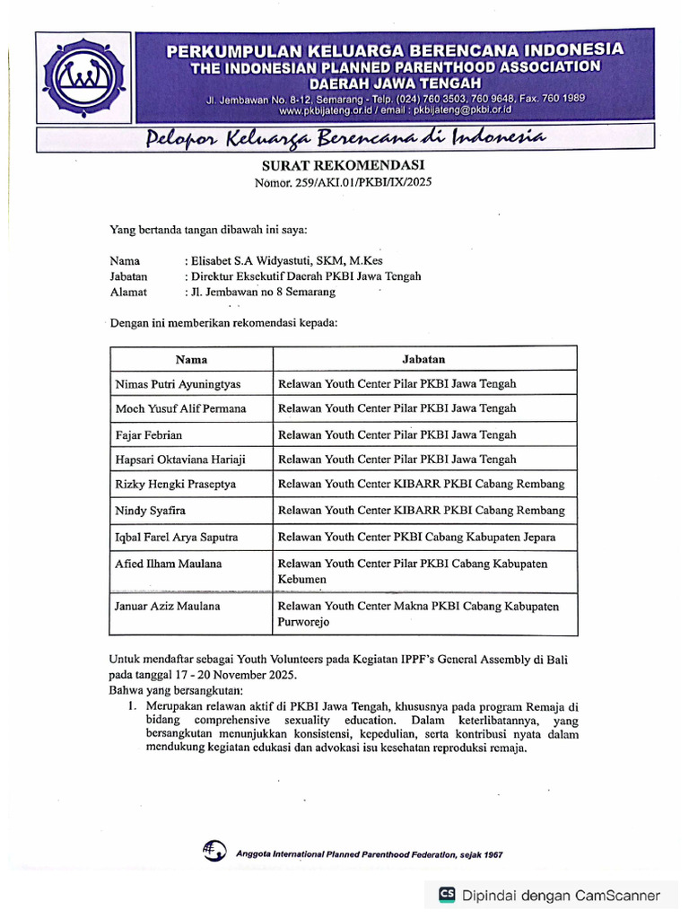 Surat Rekomendasi Volunteers IPPF's General Assembly | PDF