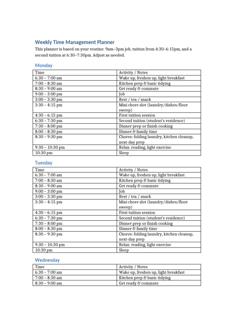 Weekly Time Management Planner | PDF | Meal | Foods