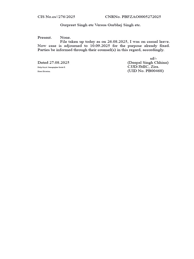 Case Adjournment Notice: Gurpreet vs Gurbhej | PDF