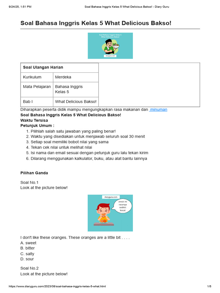Soal Bahasa Inggris Kelas 5 What Delicious Bakso! - Diary Guru | PDF | Taste | Food Science