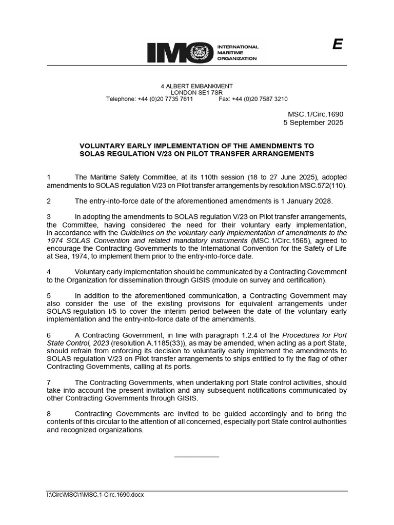 MSC.1 Circ.1690 Voluntary Early Implementation of The Amendments ToSolas Regulation V23 On Pilot ...