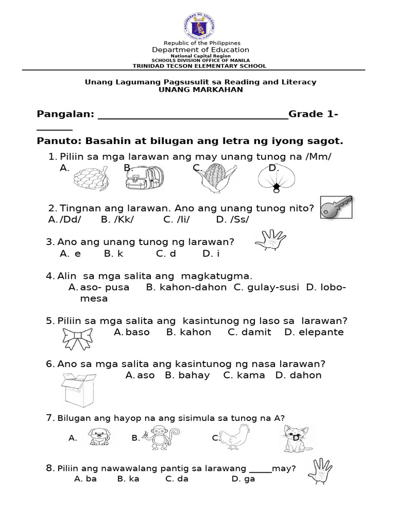 Unang Markahang Unang Lagumang Pagsusulit Sa Reading and Literacynew | PDF