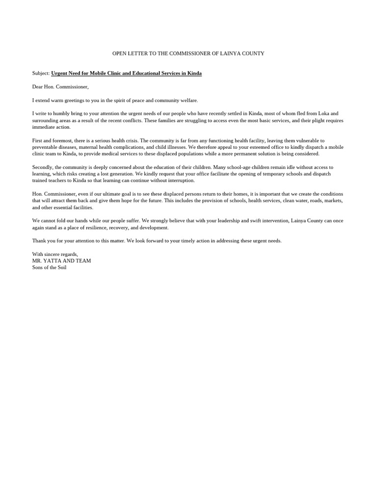 Open Letter To The Commissioner of Lainya County | PDF