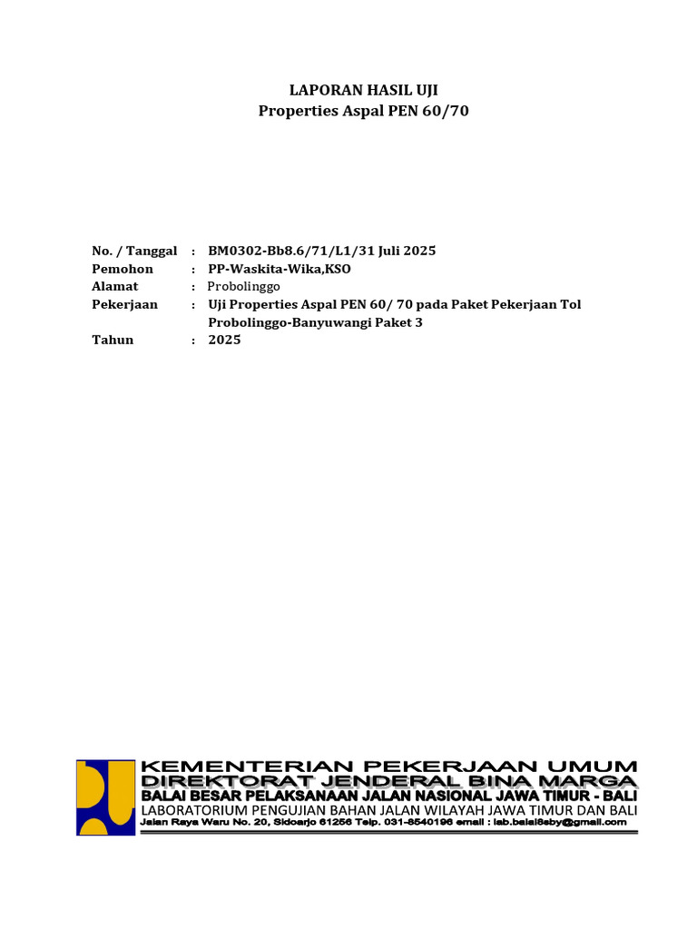 Uji Properties Aspal PEN 60/70 2025 | PDF
