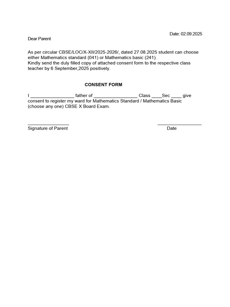 Consent Form For Maths Standard Basic | PDF
