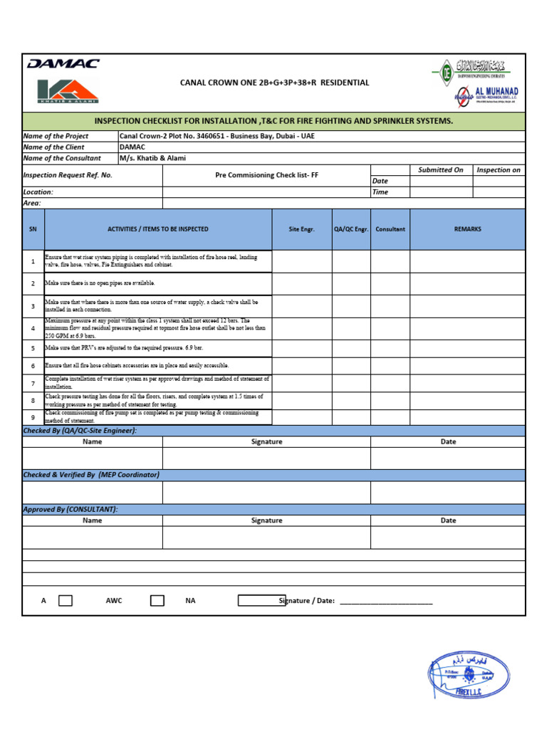 Fire Fighting System Inspection Checklist | PDF | Firefighting | Equipment