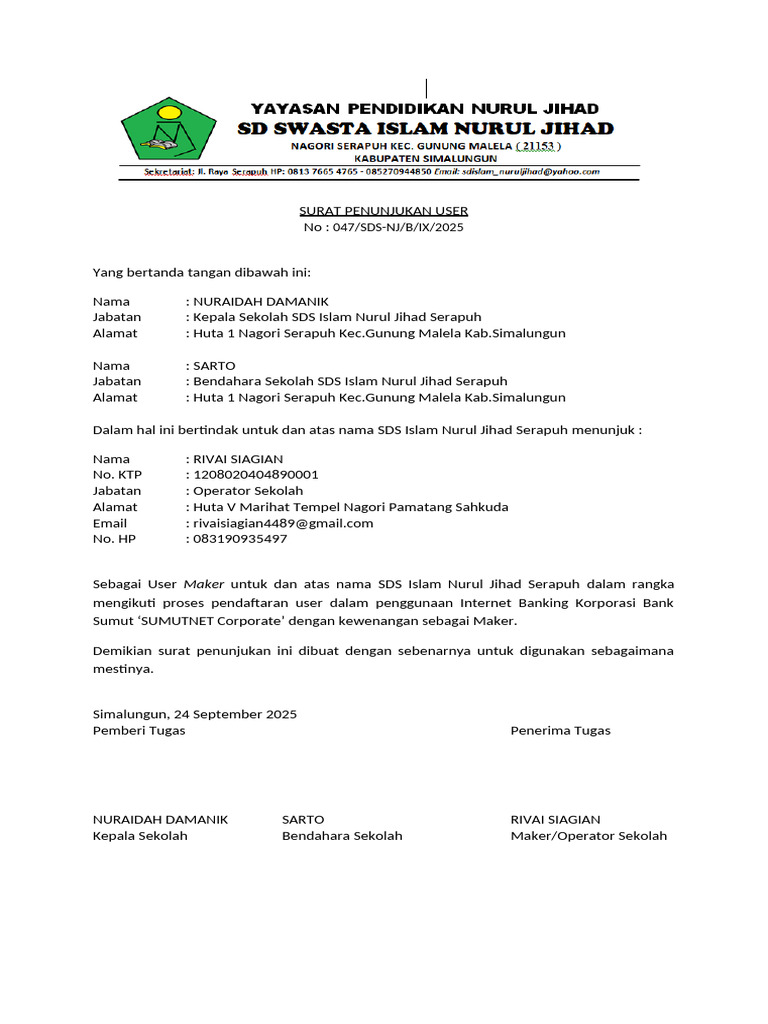 Surat Penunjukan User Internet Banking | PDF