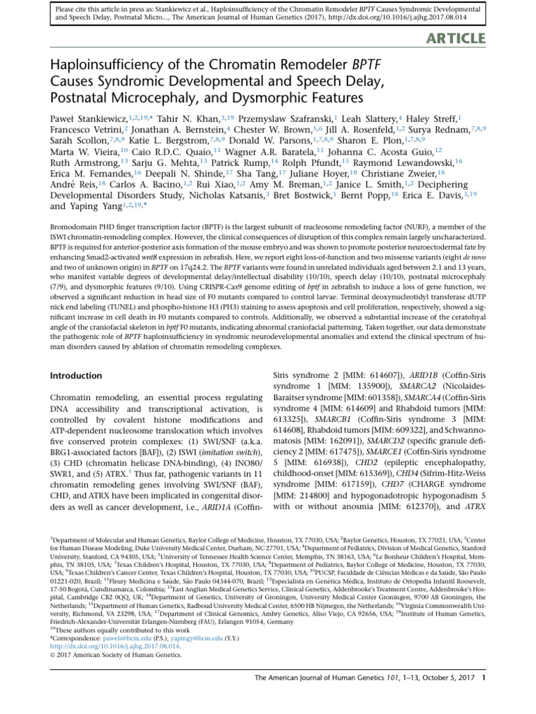 Haploinsufficiency of The Chromatin Remodeler BPTF Causes Syndromic ...