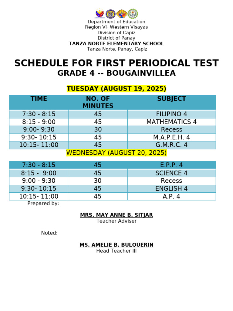 1st Periodical Test Schedule | PDF