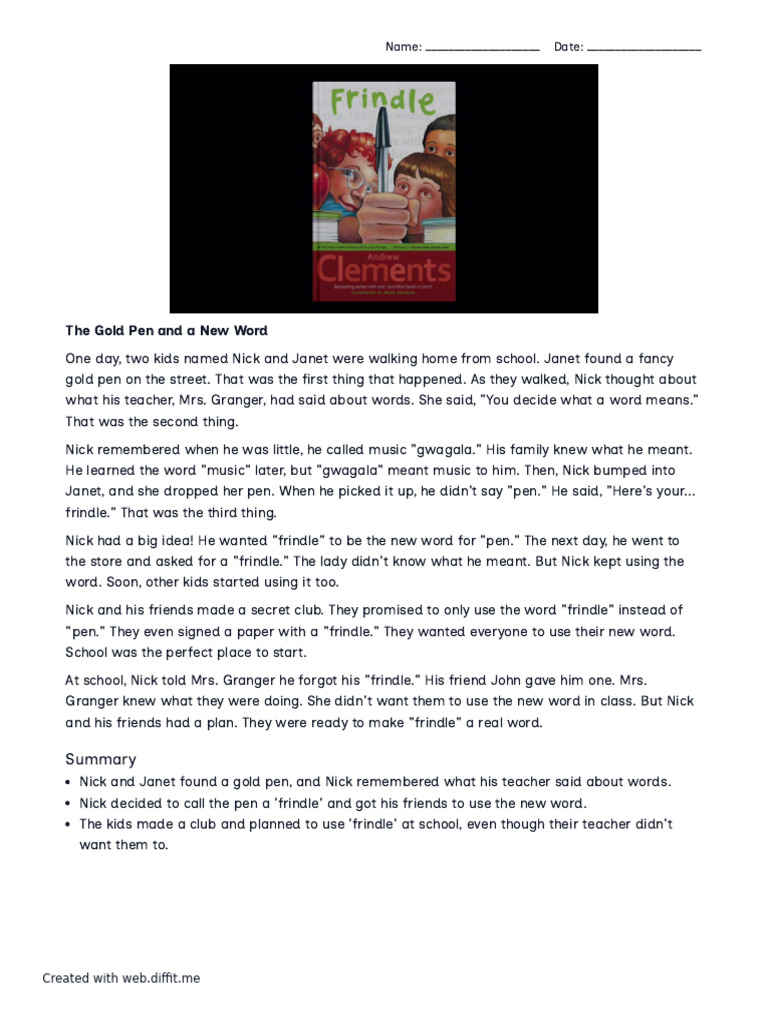 Nick's Journey to Create "Frindle" | PDF