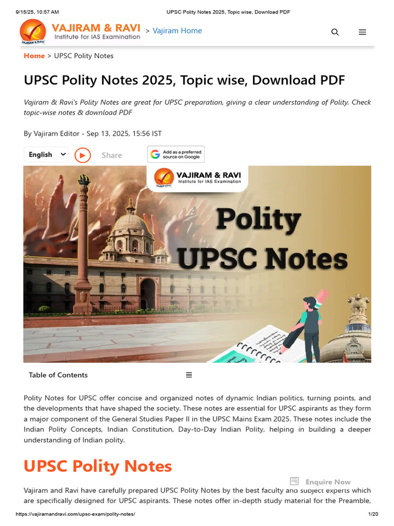 UPSC Polity Notes 2025, Topic Wise, Download PDF | PDF | Governance ...