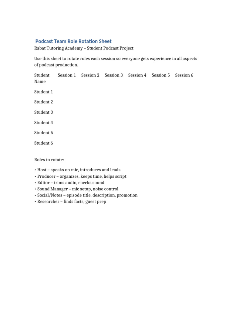 Podcast Role Rotation Sheet | PDF