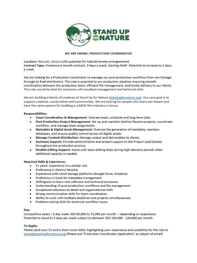 Production Coordinator Job Description - Stand Up For Nature | PDF ...