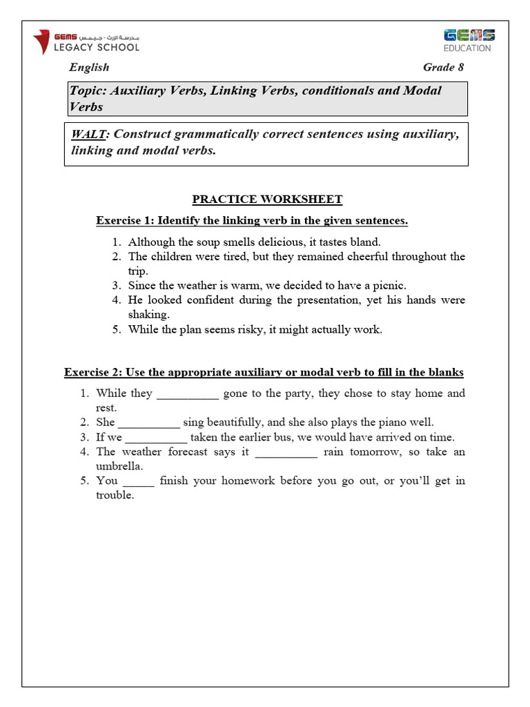 Auxiliary Linking and Modal Verbs - Practice Worksheet | PDF