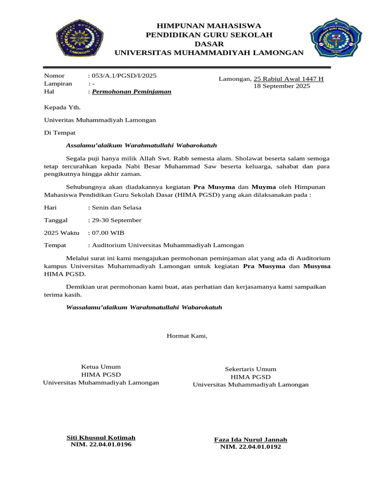 Permohonan Peminjaman Alat HIMA PGSD | PDF