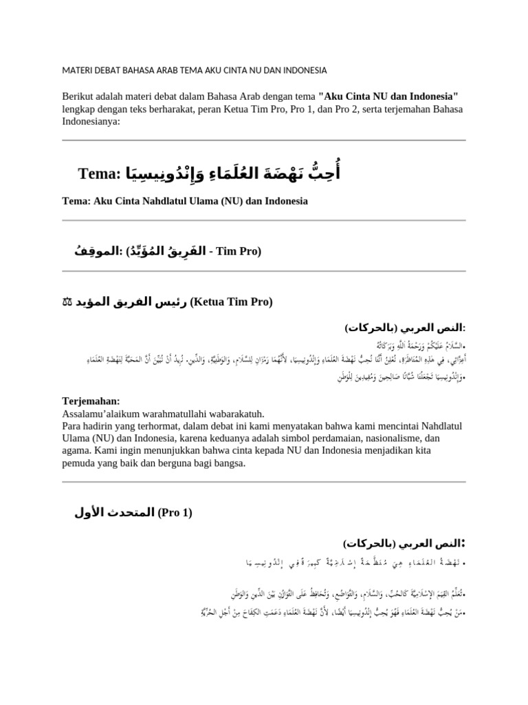 Materi Debat Bahasa Arab Tema Aku Cinta Nu Dan Indonesia | PDF