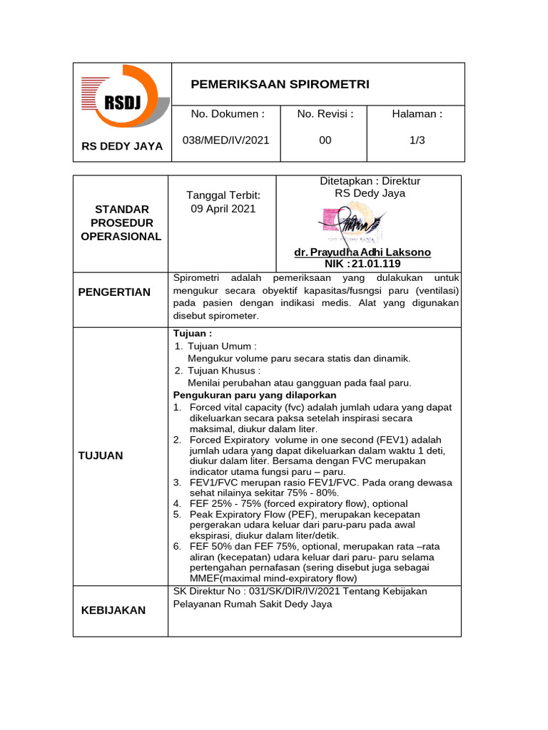 Spo Penggunaan Spirometri | PDF