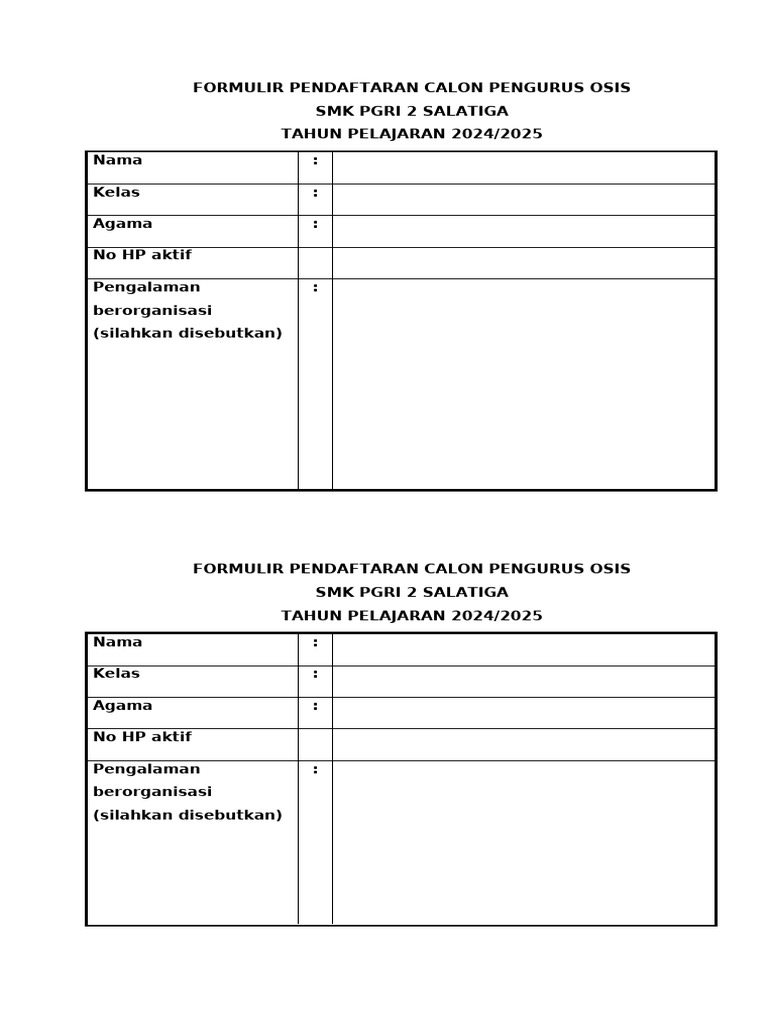 Formulir Pendaftaran Calon Pengurus OSIS | PDF