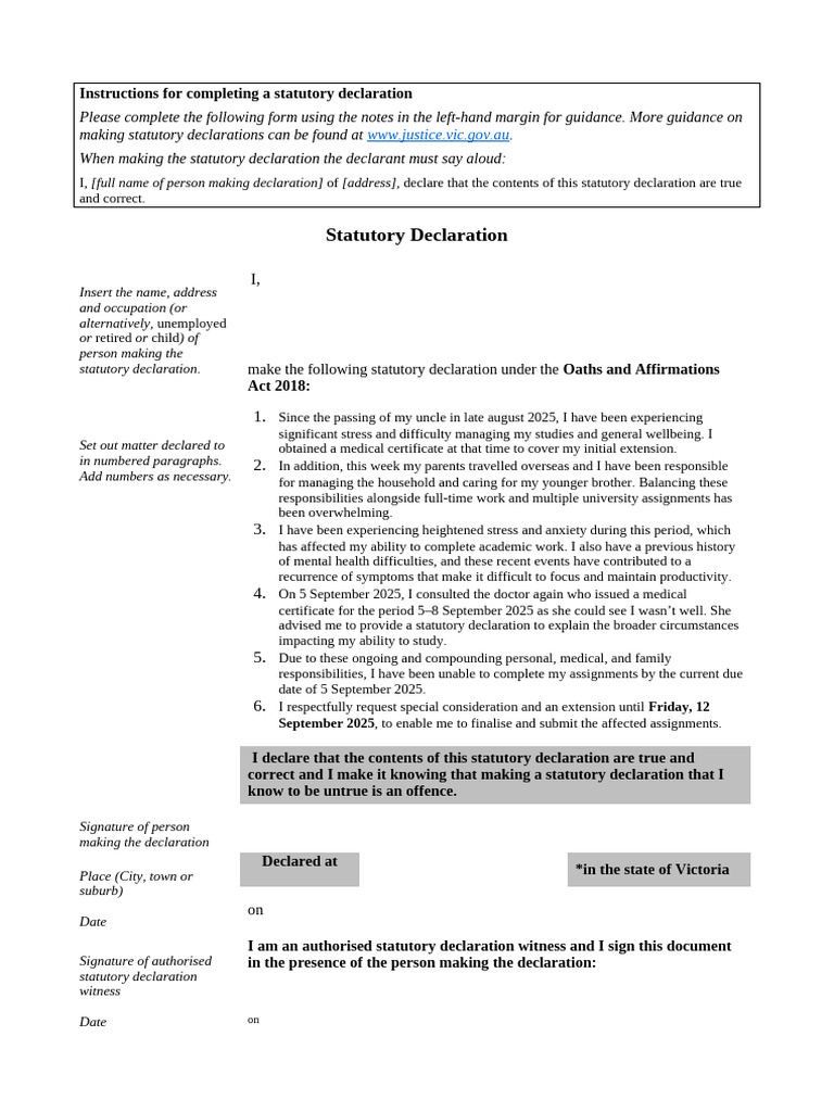 Statutory Declaration Form | PDF | Behavioural Sciences | Psychology