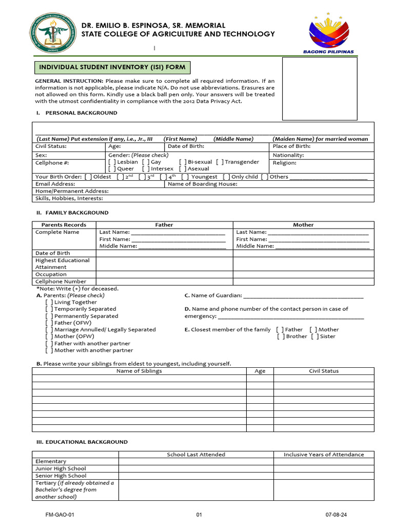 Form 1 Individual Student Inventory Form 2 | PDF | Family | Equality Rights