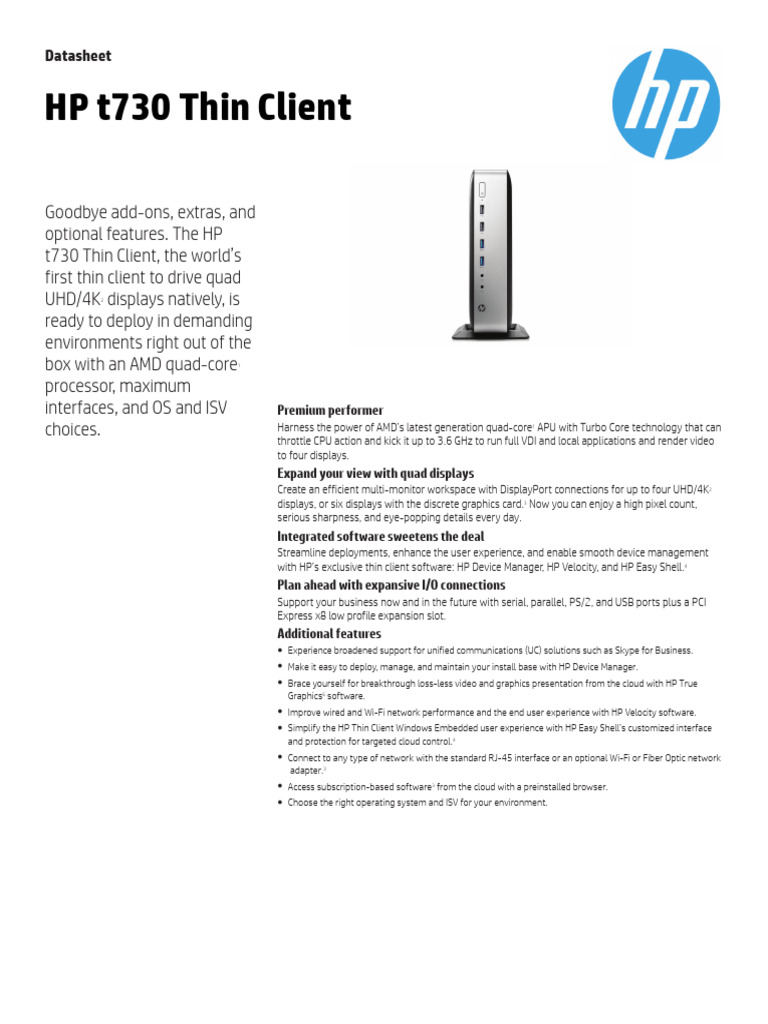 HP t730 Thin Client Specifications | PDF | Graphics Processing Unit | Usb