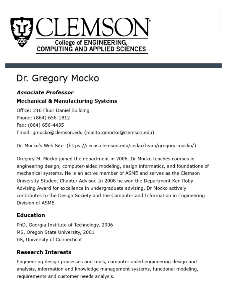 Dr. Gregory Mocko - Mechanical Engineering Expert | PDF