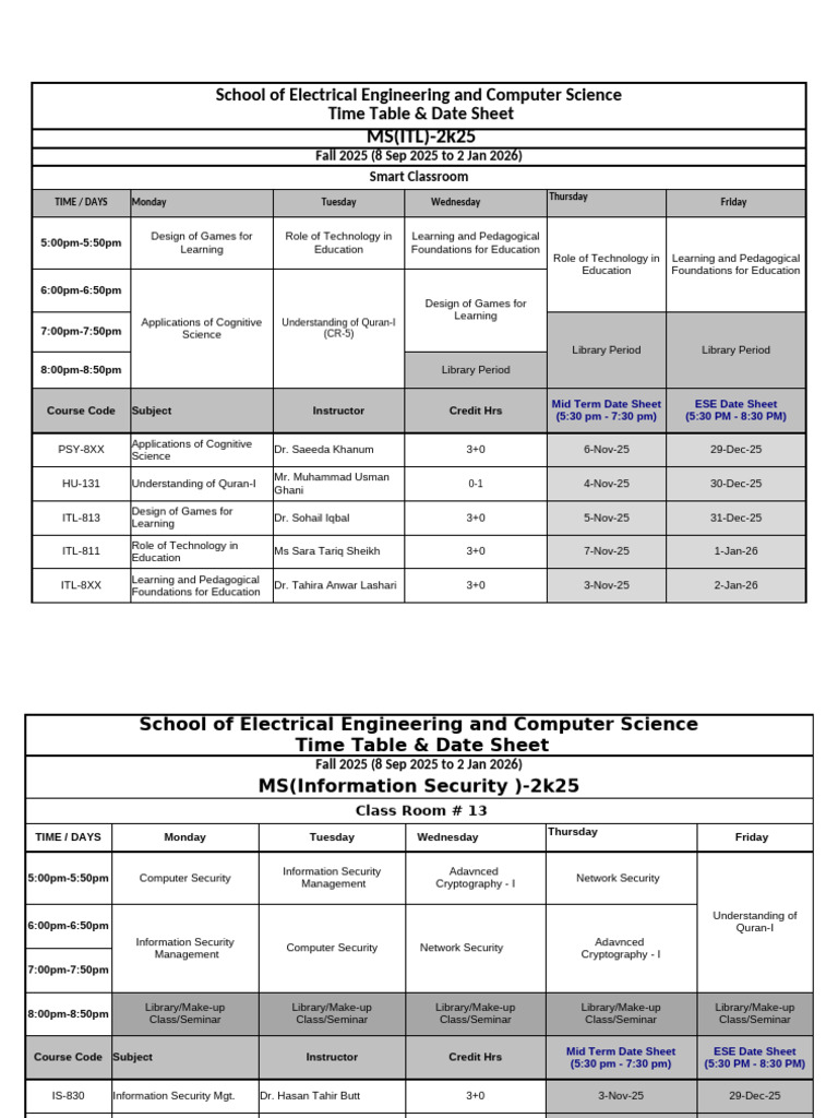 Updated PG Time Table Fall 2025 5 Sep 2025 | PDF | Machine Learning ...