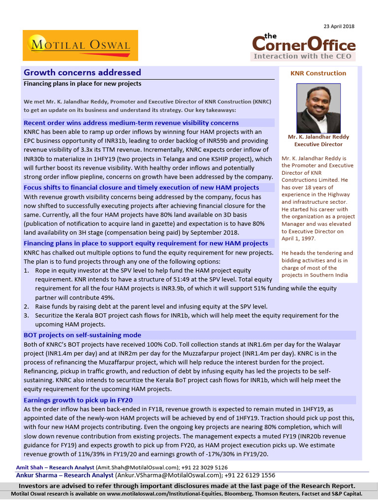 KNR Constructions Apr 2018 | PDF | Securities (Finance) | Financial Adviser