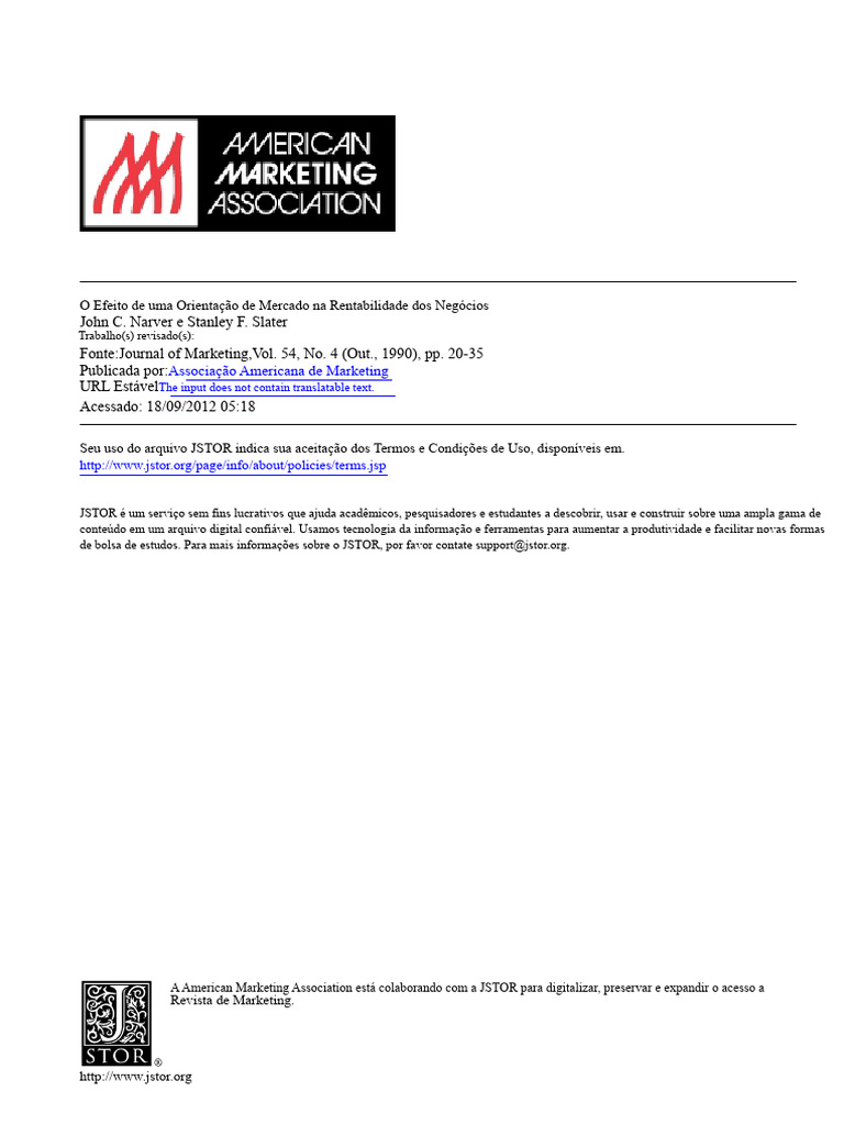 Narver J C Slater S F (1990) O Efeito de Uma Orientação de Mercado Na ...