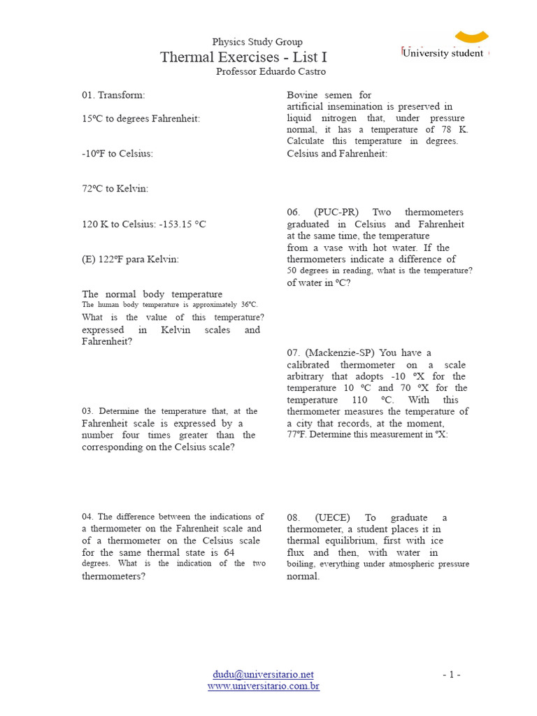 Physics - Exercises with Answer Key - Thermology | PDF | Temperature | Thermometer