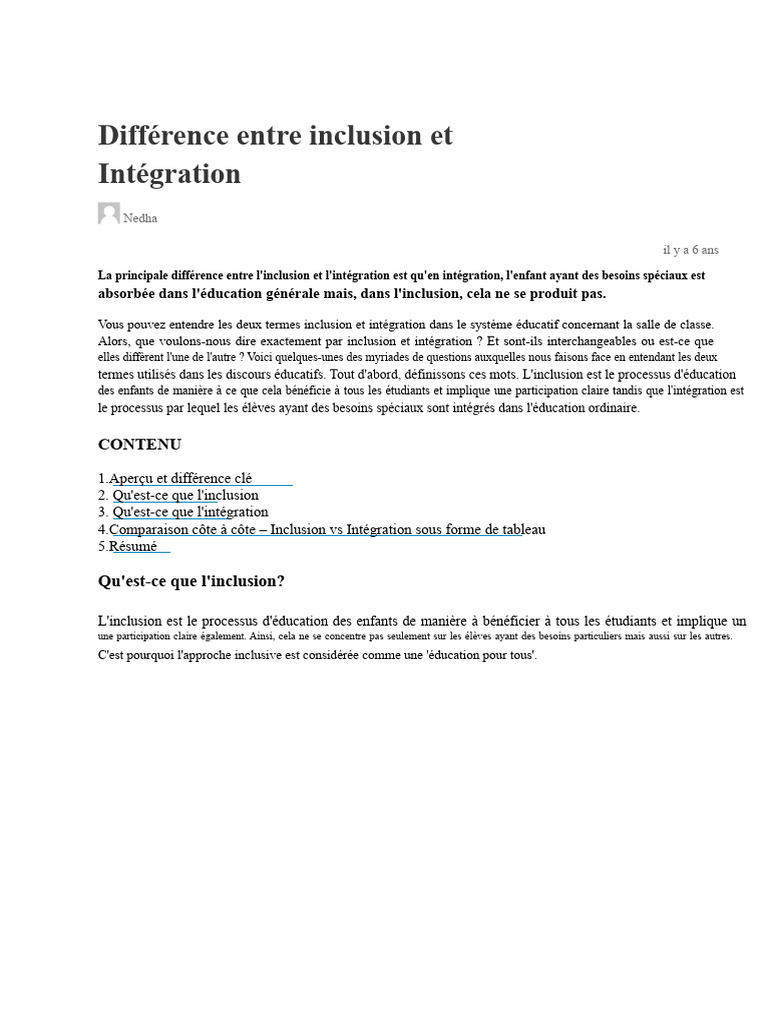 Différences entre inclusion et intégration | PDF