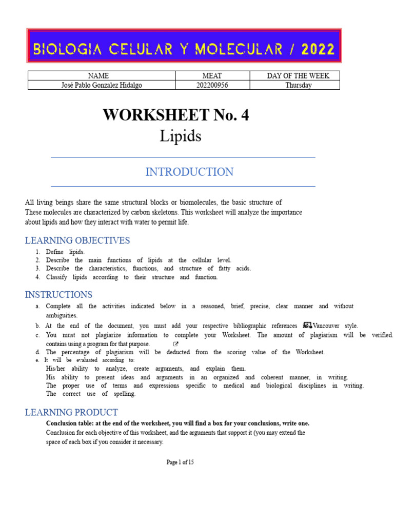 Worksheet No. 4 Lipids - Compressed | PDF | Lipid | Fatty Acid