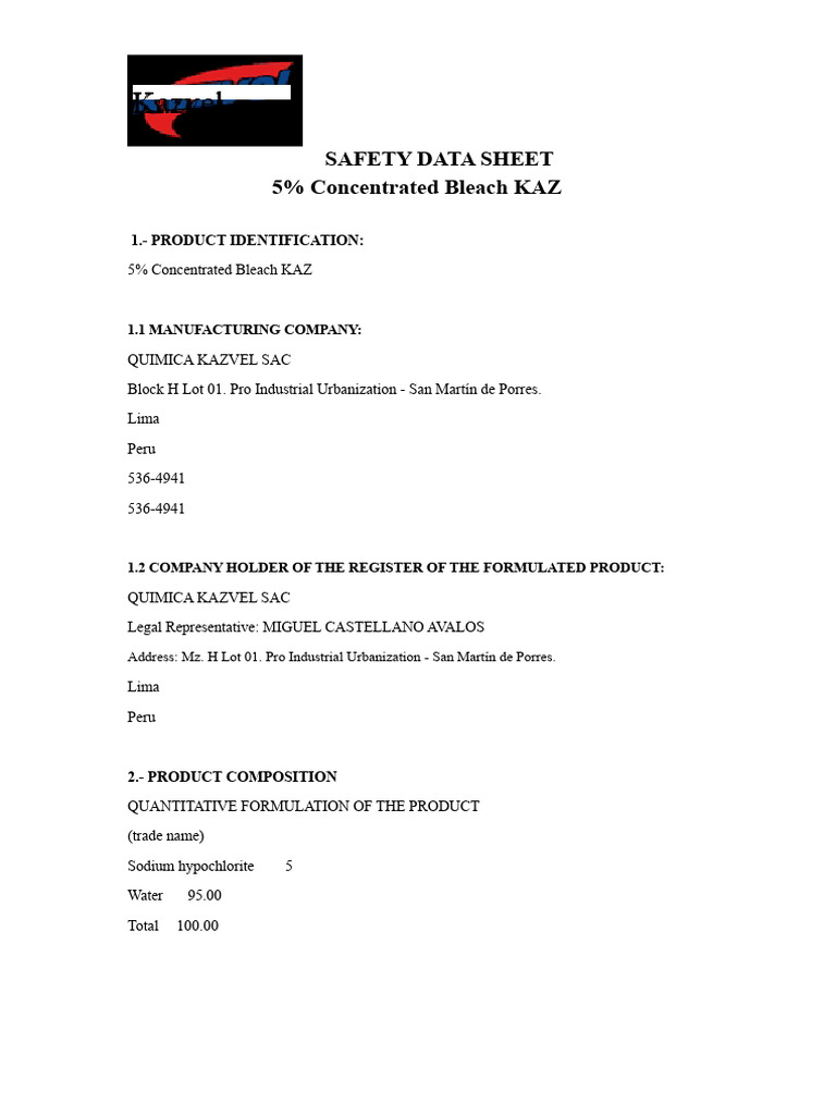 MSDS SAFETY DATA SHEET 5% BLEACH | PDF | Chlorine | Water