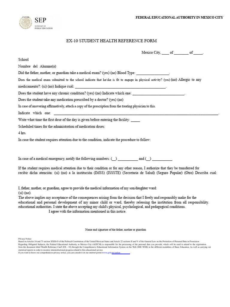 Ex-10 Student Health Reference Form | PDF | Health Care | Medicine