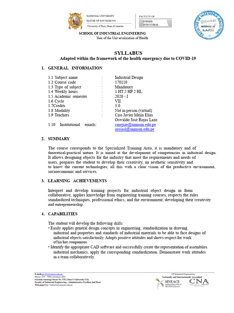 Syllabus Industrial Design 2020-I | PDF | Engineering | Simulation