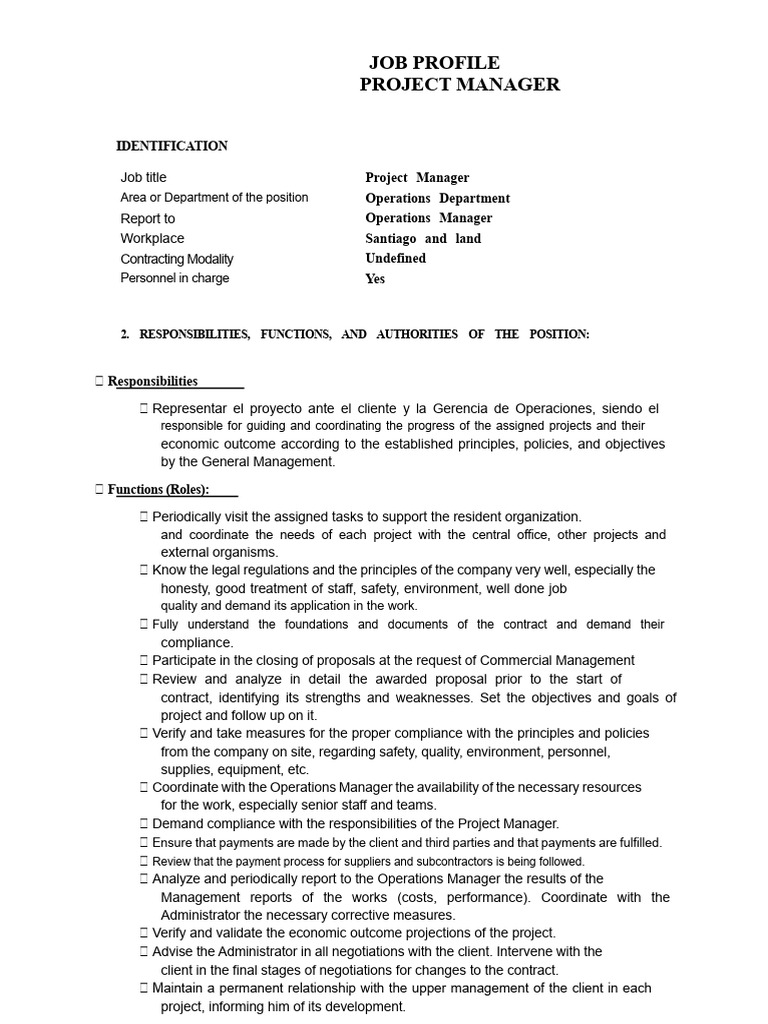 Job Profile - Project Manager | PDF | Risk | Safety