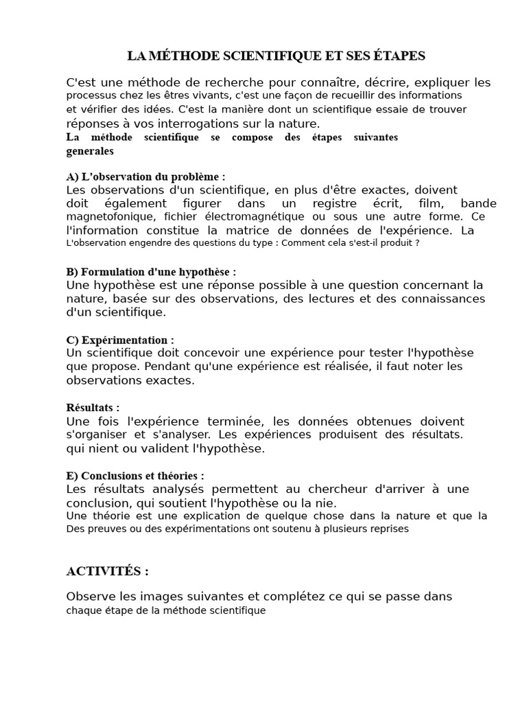 Étapes de la Méthode Scientifique | PDF | Observation | Méthode ...