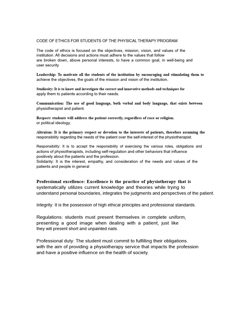 Physical Therapy Student Ethics Code | PDF | Physical Therapy