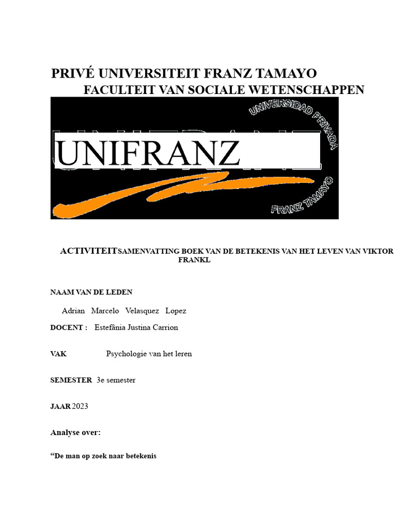 Analyse Boek de Mens Op Zoek Naar Betekenis | PDF