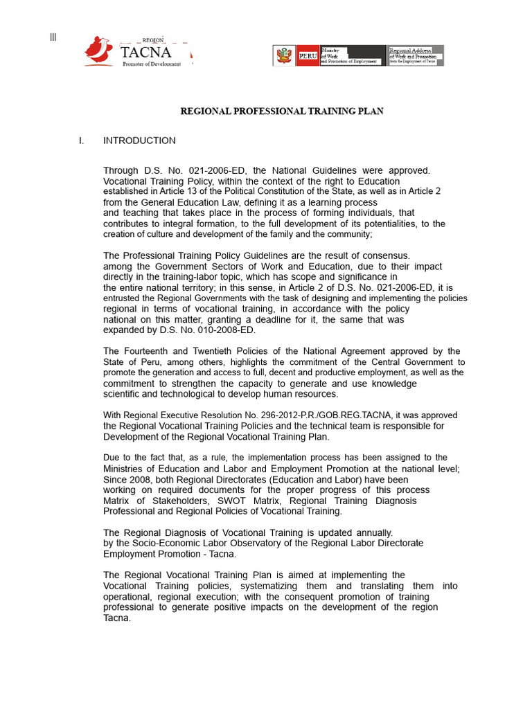 Regional Professional Training Plan. Tacna | PDF | Vocational Education ...